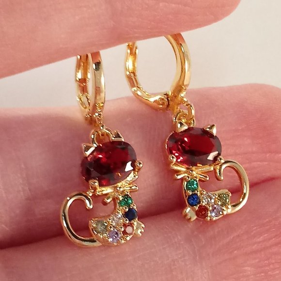 Jewelry | 18k Yellow Gold Filled Garnet Red Diamond Zircon Cat Dangle ...